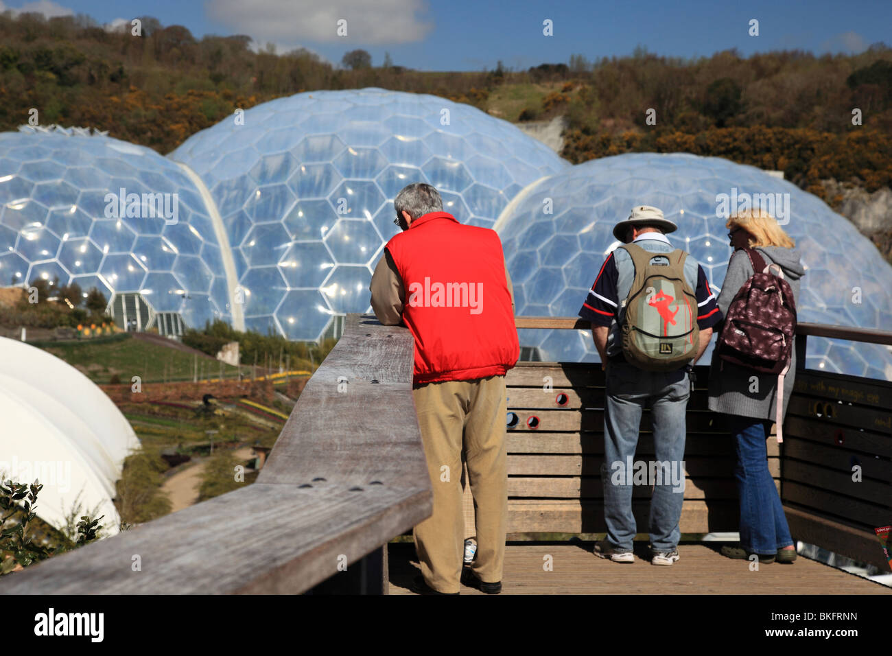 People looking at the dome of Eden Project gardens Cornwall England ...