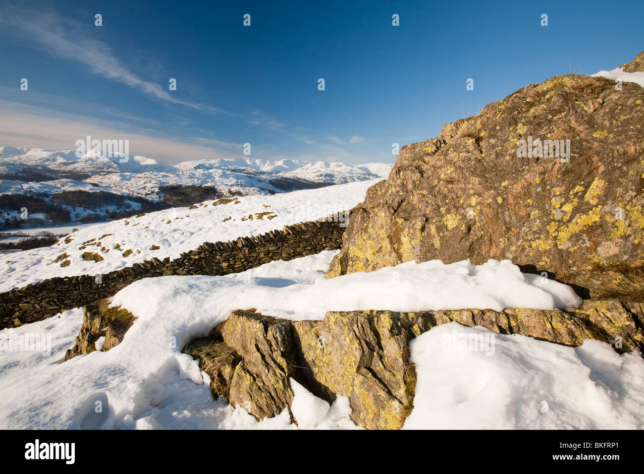 The Lake District mountains in winter snow from Red Screes, UK Stock ...