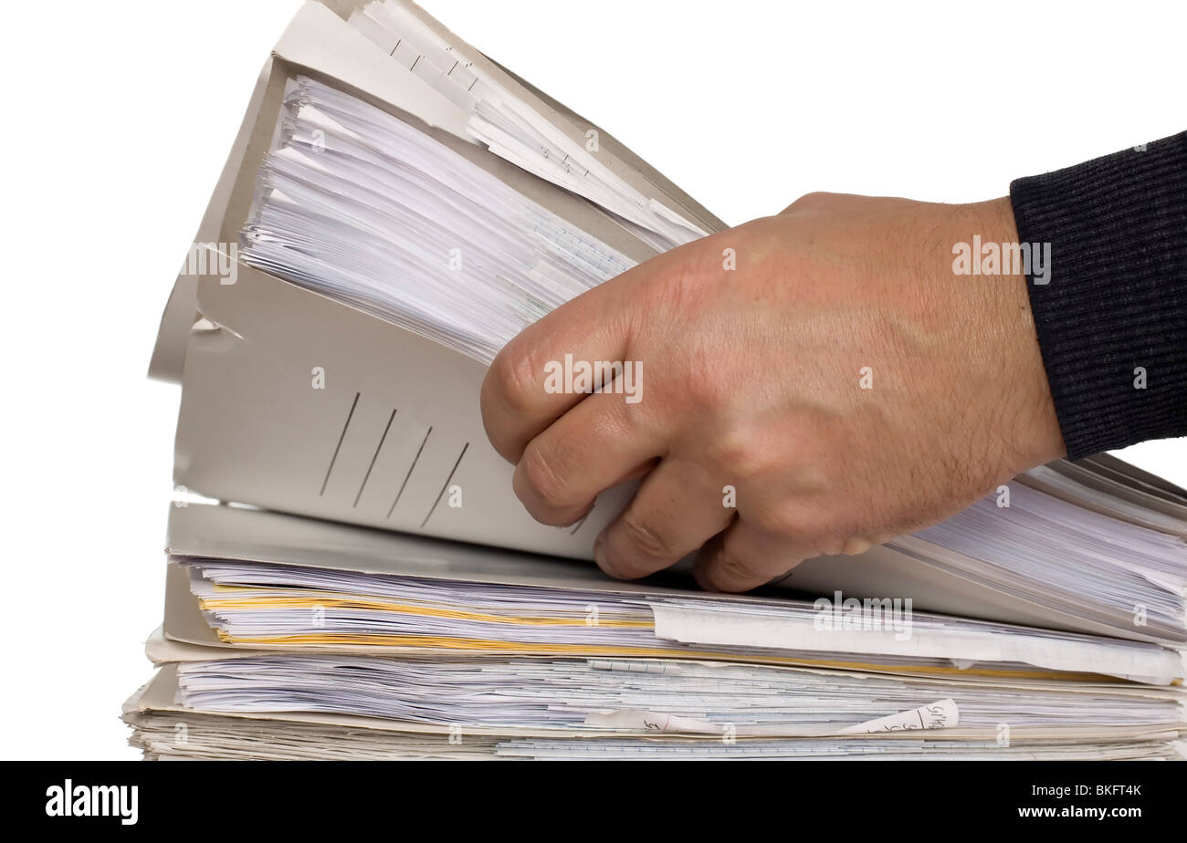 Man hand and block of documents on white background Stock Photo - Alamy