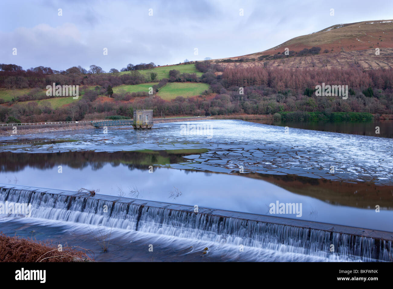 Broken ice floating on the surface of the Talybont Reservoir, Brecon ...