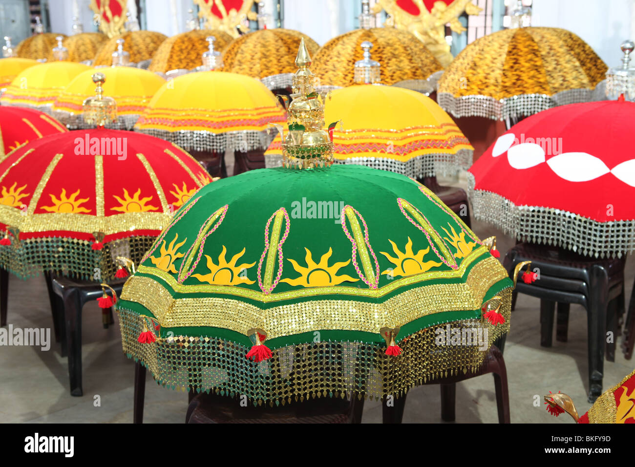 display of decorated umbrellas to be used at thrissur pooram Stock ...
