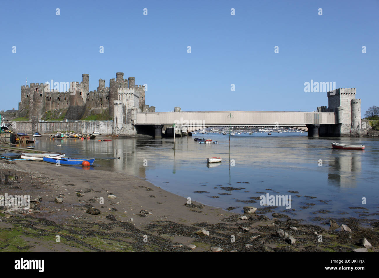 Conway ( Conwy ) Castle and Robert Stephenson's Tubular Railway bridge ...