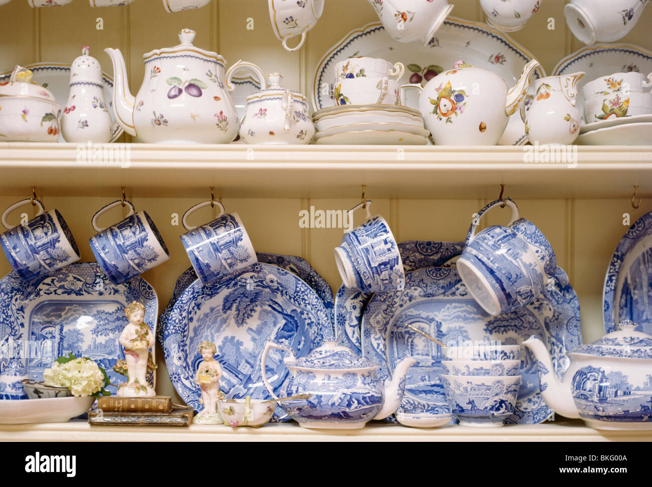 Close-up of collection of antique blue+white Willow-pattern and floral ...