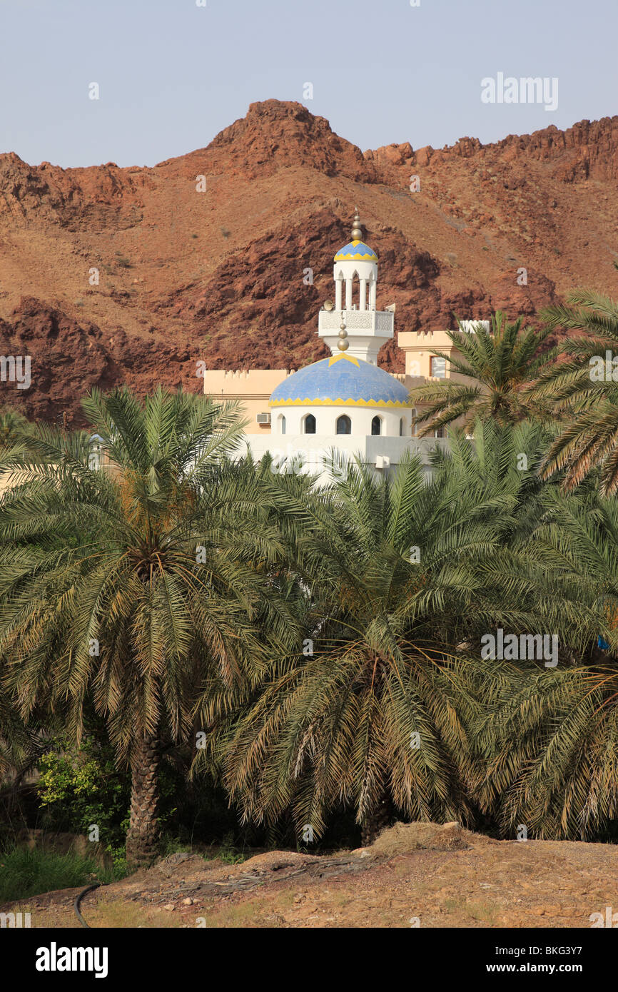 Minaret and mosque in wadi with date palms at the village of Fanja ...