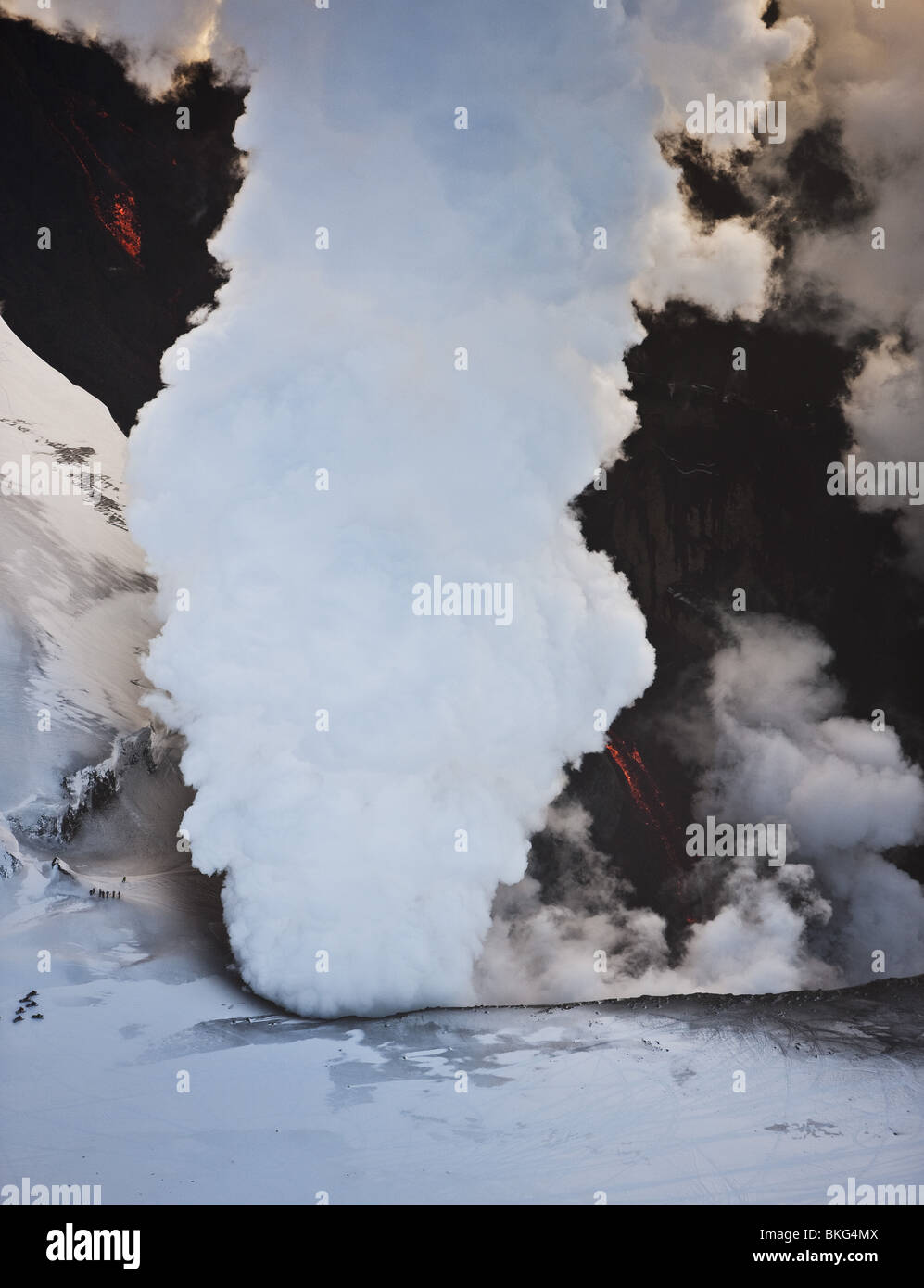 Steam and Lava- volcano eruption in Iceland at Fimmvorduhals, a ridge ...