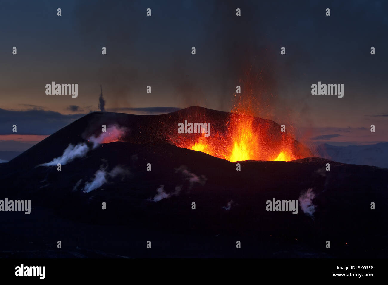 Lava fountains during volcano eruption at Fimmvorduhals, a ridge ...