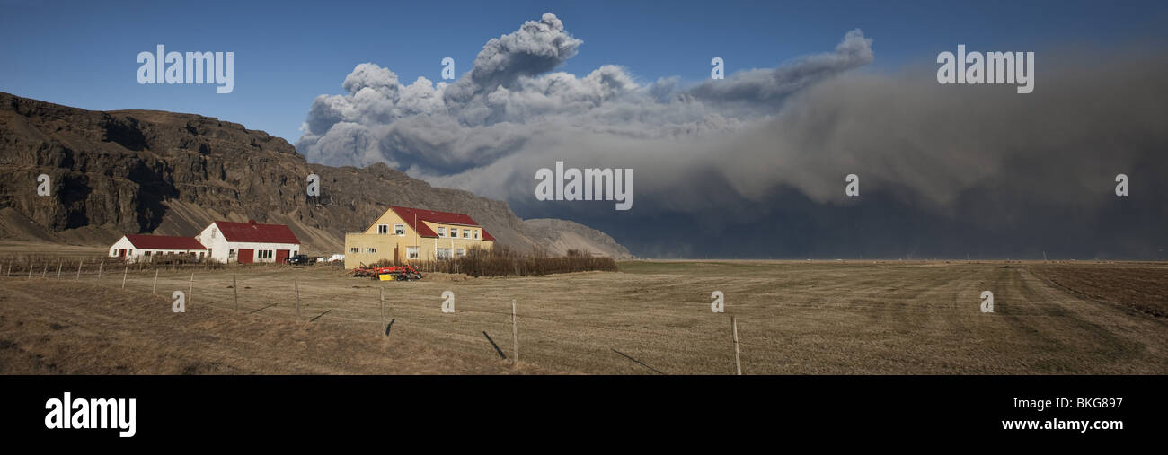 Farm with volcanic ash cloud from Eyjafjallajokull eruption, Iceland ...