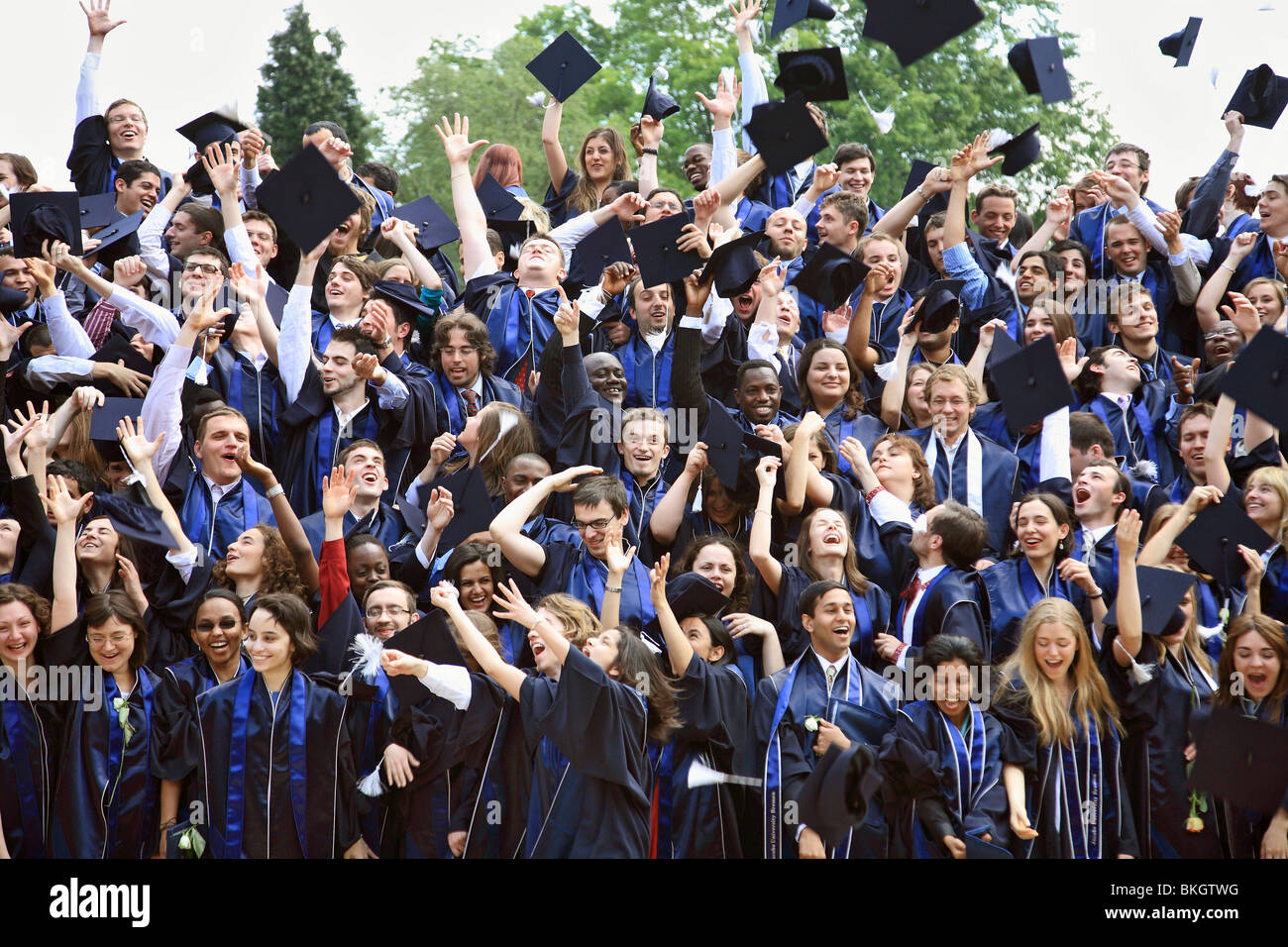 Graduates tossing their hats at the Jacobs University Bremen, Germany ...