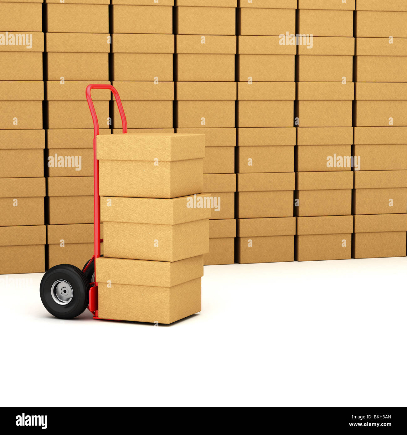 Red hand truck with three cardboard boxes Stock Photo - Alamy