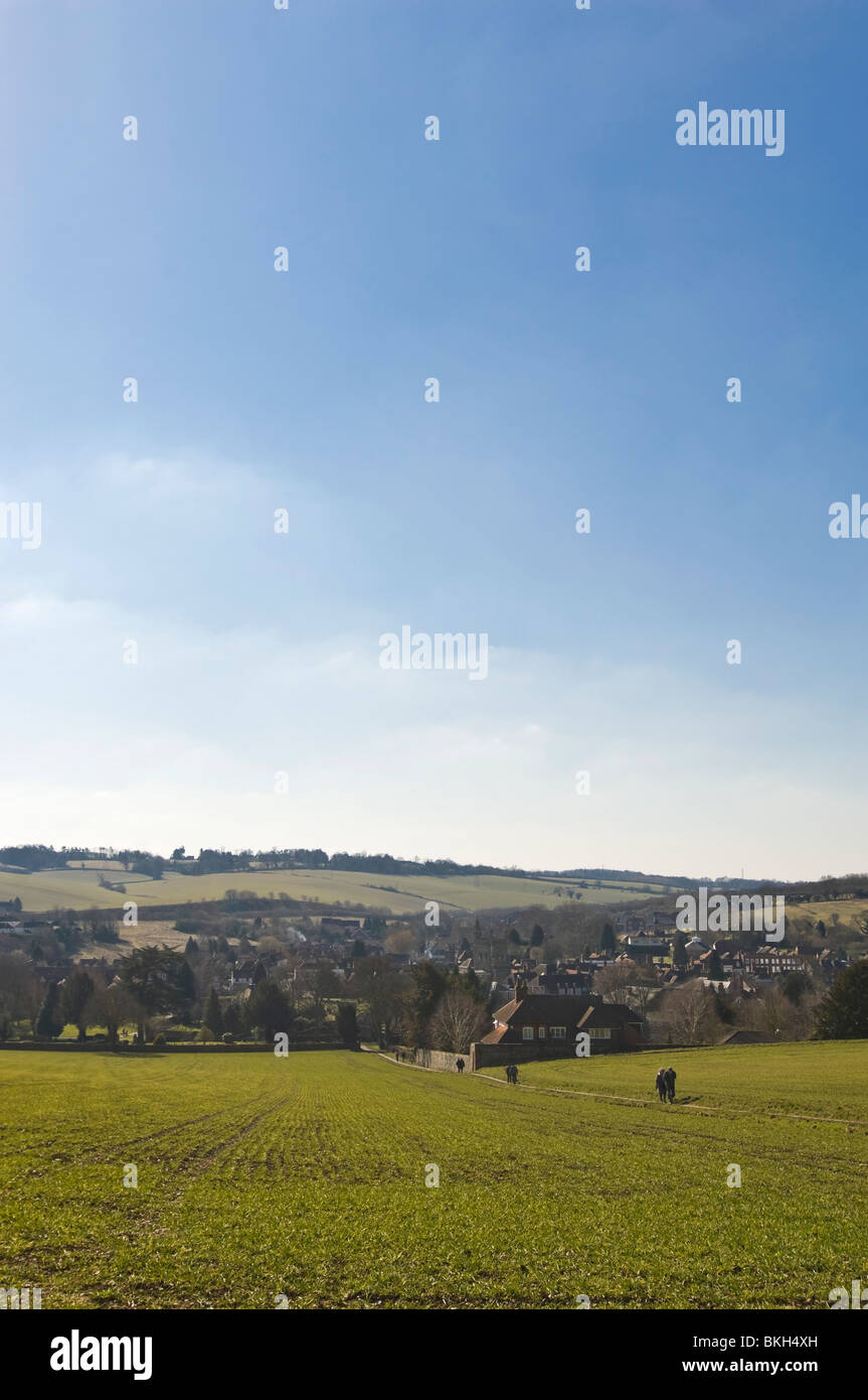 Vertical wide angle view across the Chiltern Hills of Old Amersham in ...