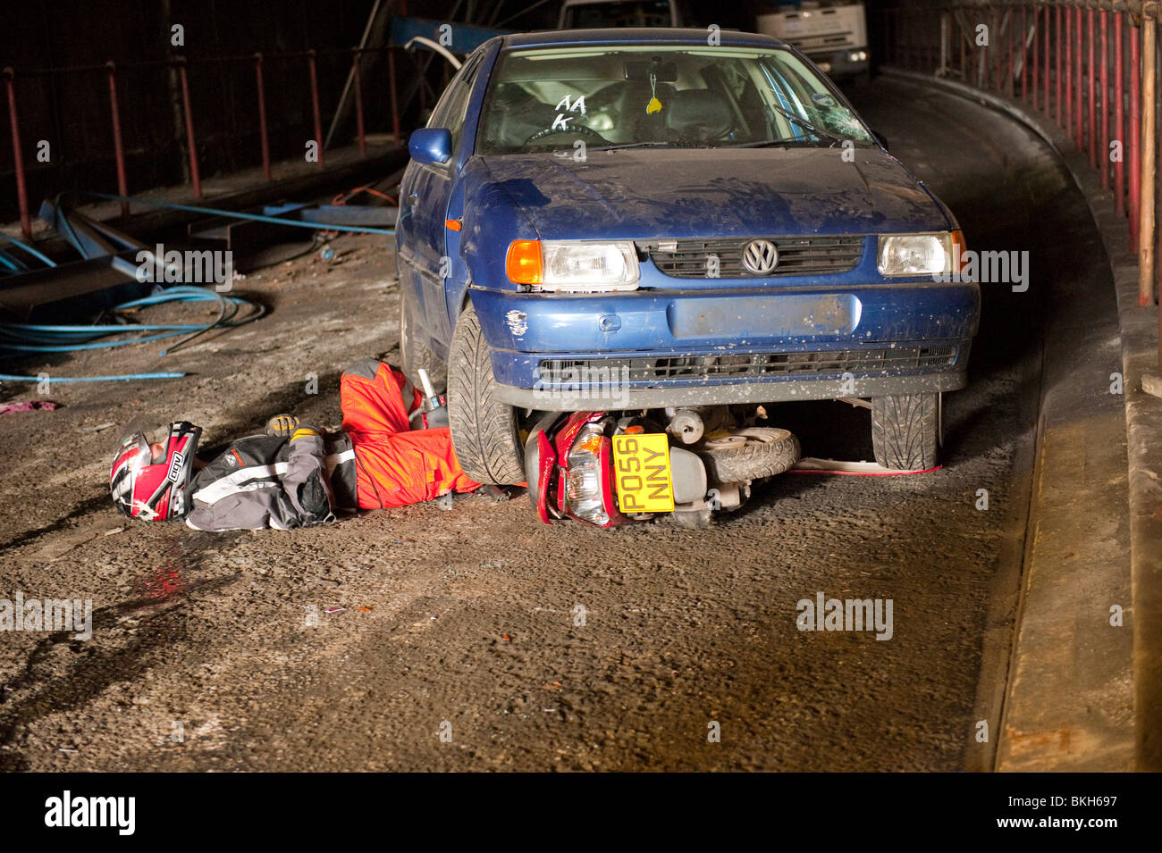 SIMULATED car crash between motorbike and car - rider trapped under car ...
