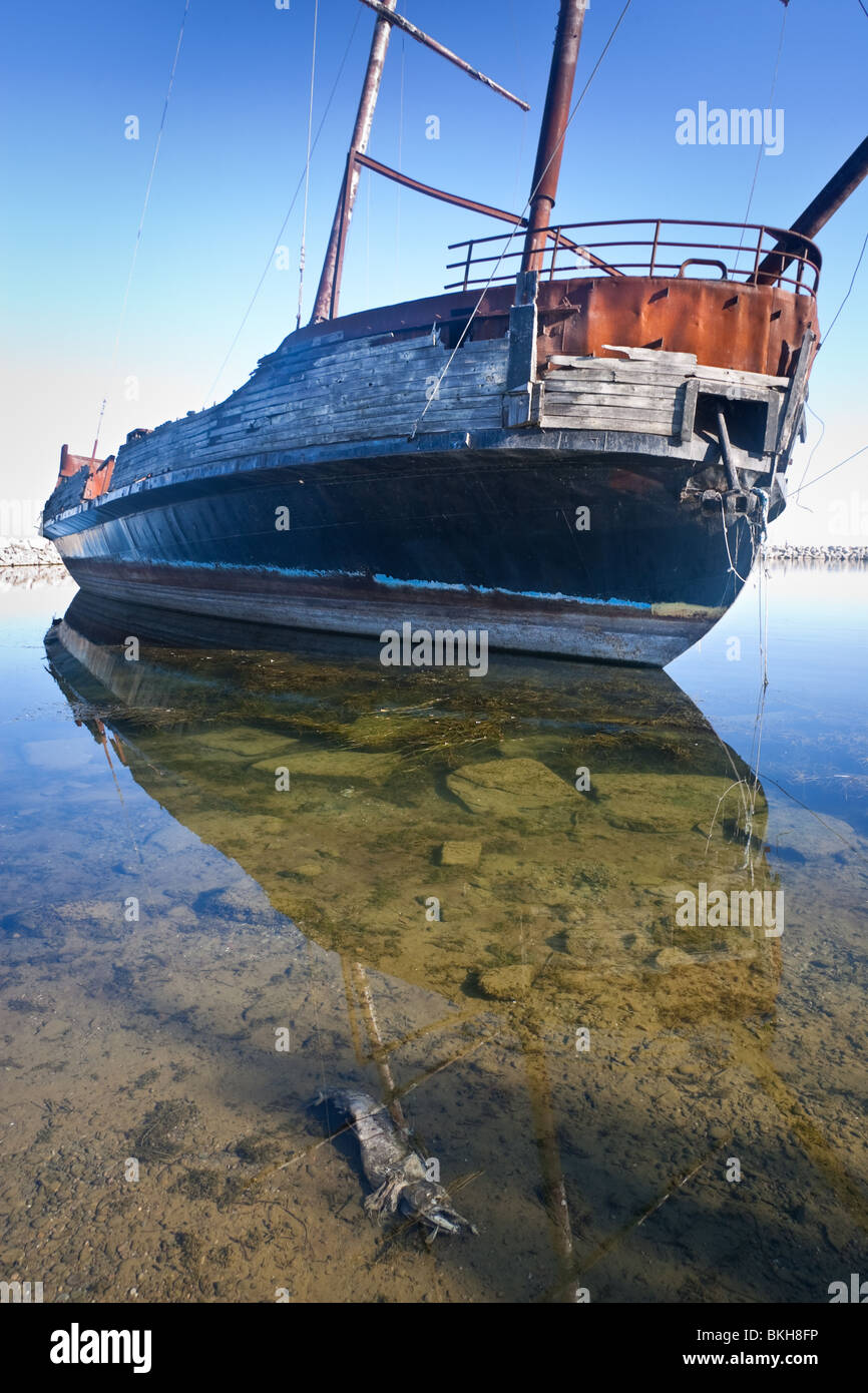 A dead fish in the clear water in front of an old pirate ship Stock ...
