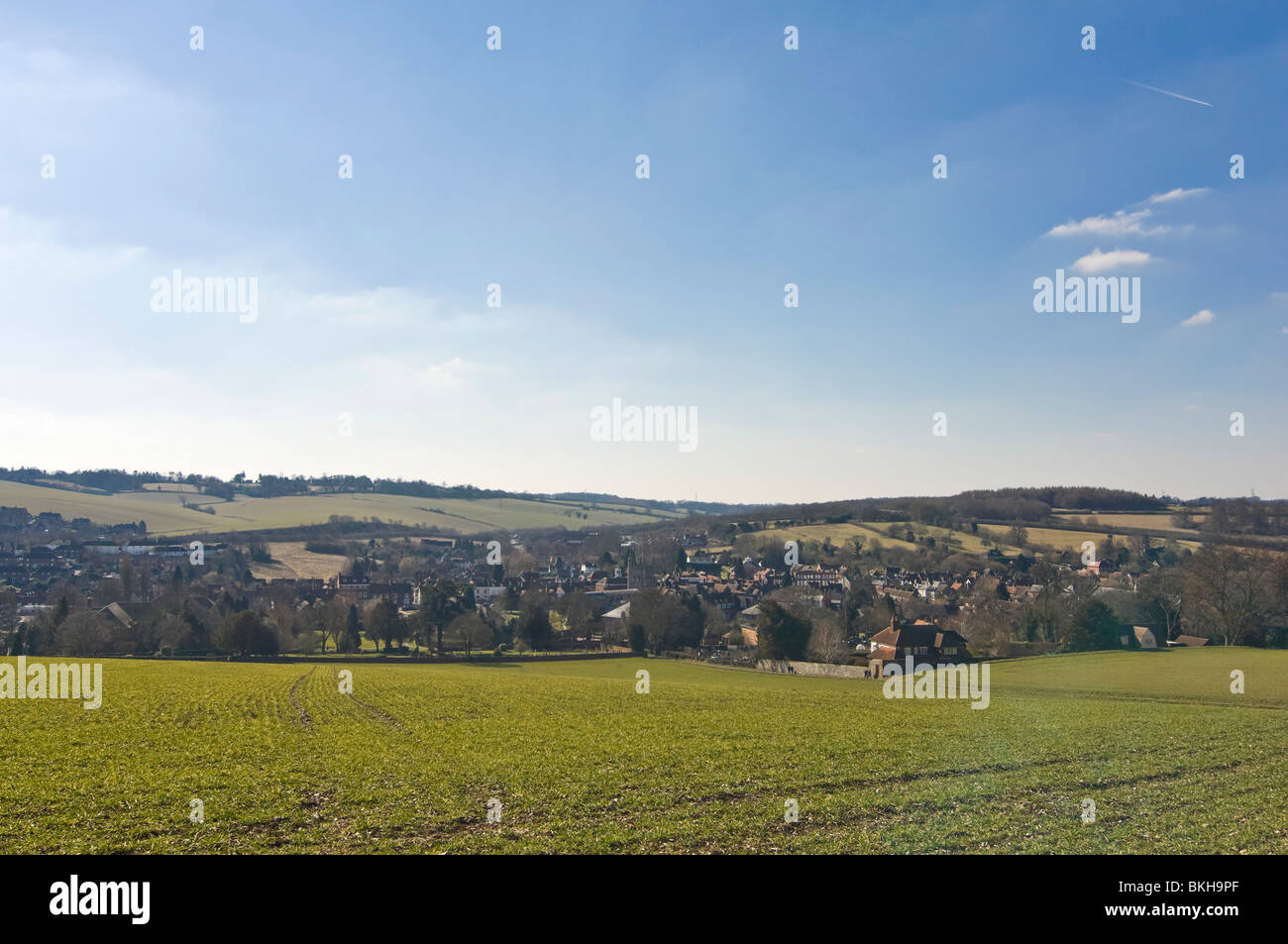 Horizontal wide angle view across the Chiltern Hills of Old Amersham in ...