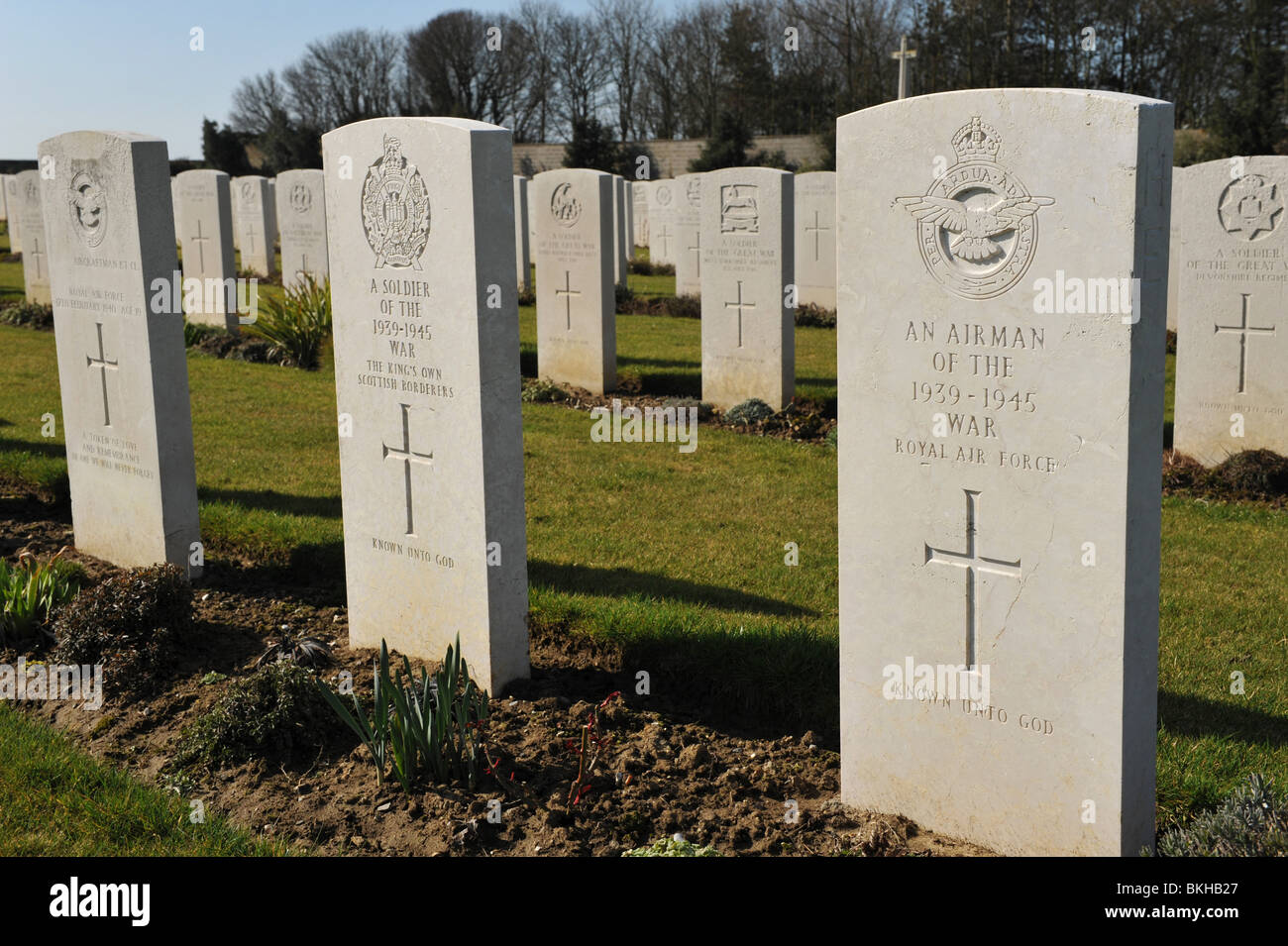 Limestone gravestones of unknown soldiers in a First World War cemetary ...
