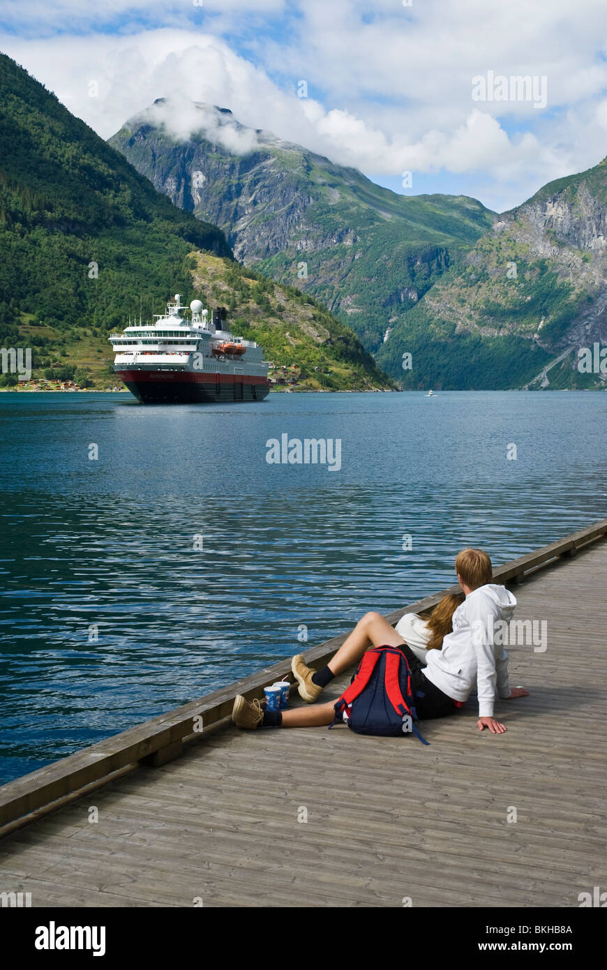 Hurtigruten coastal ferry in Geirangerfjord, Geiranger, Norway Stock ...