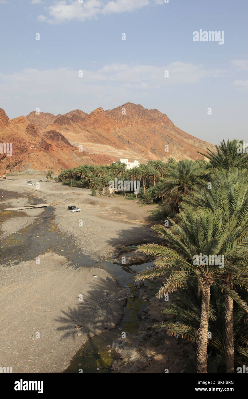 river and wadi with date palms at the village of Fanja, Hajar al Gharbi ...