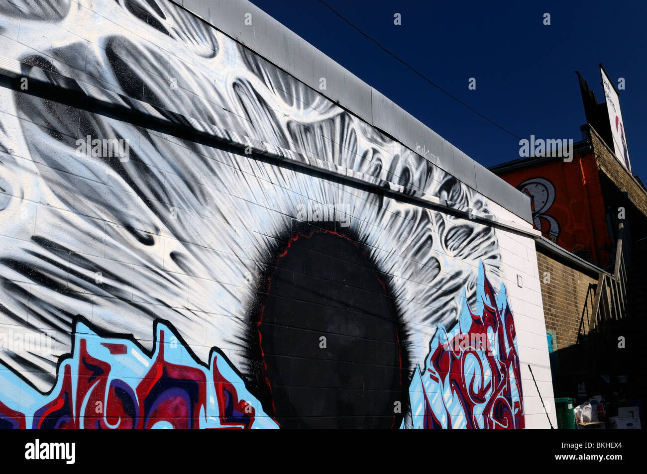 Graffiti art of an iris and pupil with tag in alley matching a ...