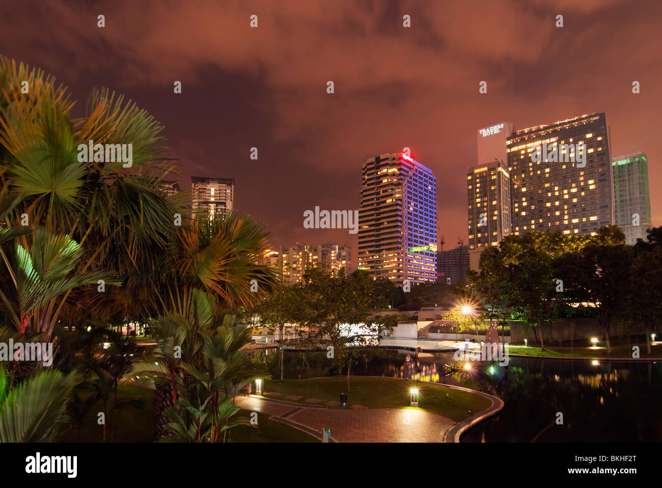 Kuala Lumpur City Centre Park and high rise hotels at night Stock Photo ...