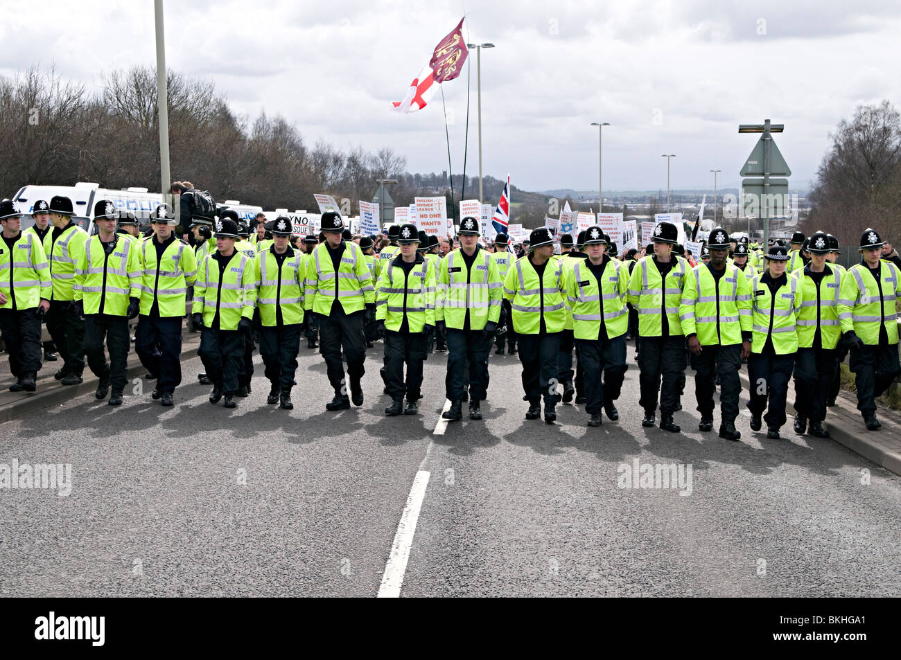 riot police at the edl demo in dudley uk against the building of a ...