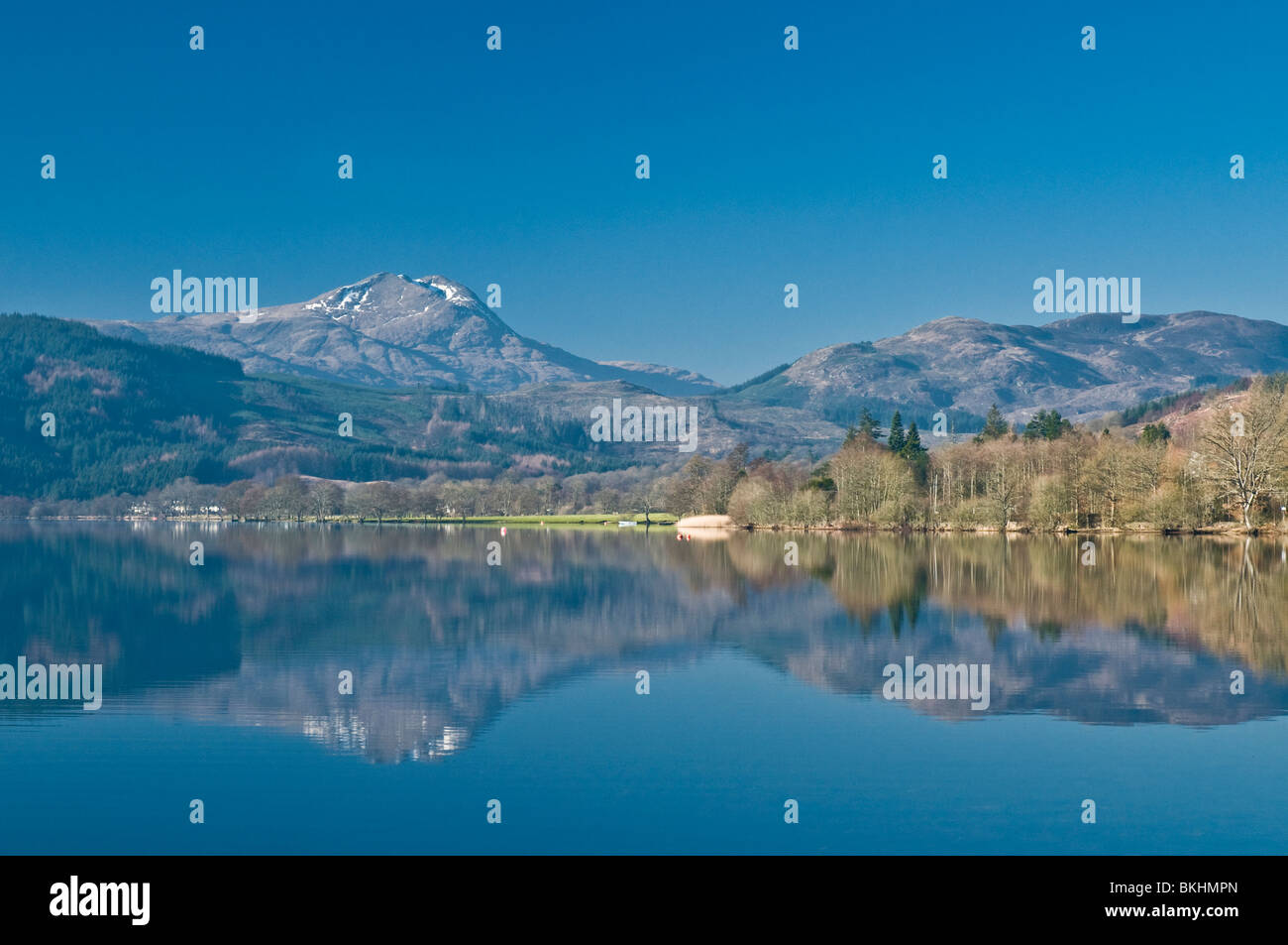 Loch Ard at Kinlochard Trossachs looking up to Ben Lomond with winter ...