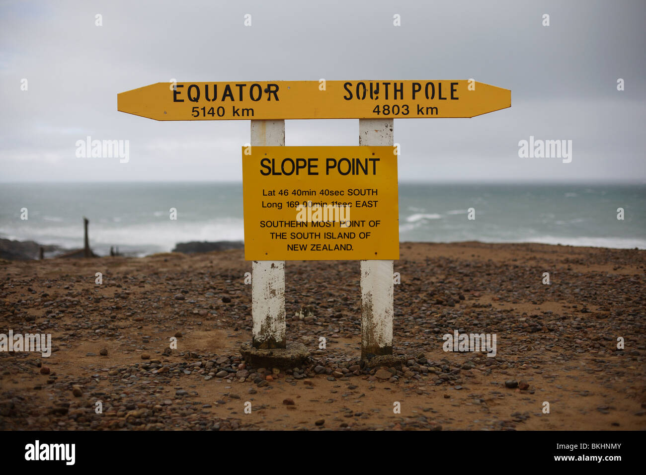 A signpost at Slope Point on The Catlins, the most southerly point of ...