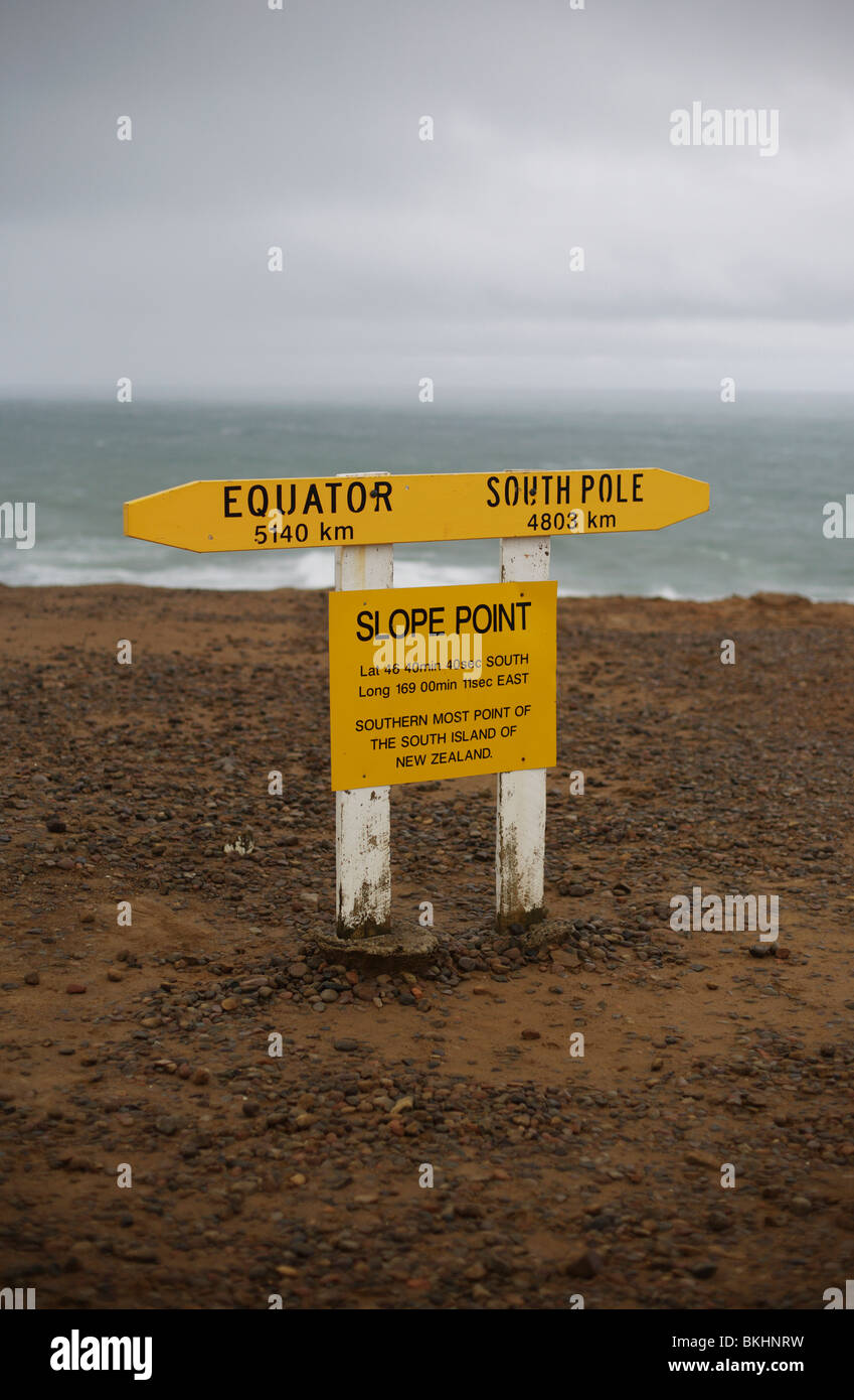 A signpost at Slope Point on The Catlins, the most southerly point of ...