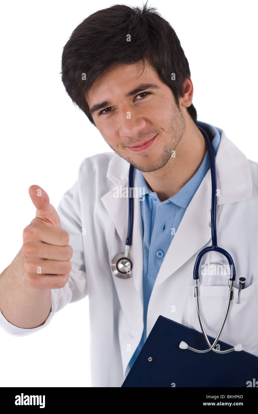 Thumbs up - Male student doctor with stethoscope on white background ...