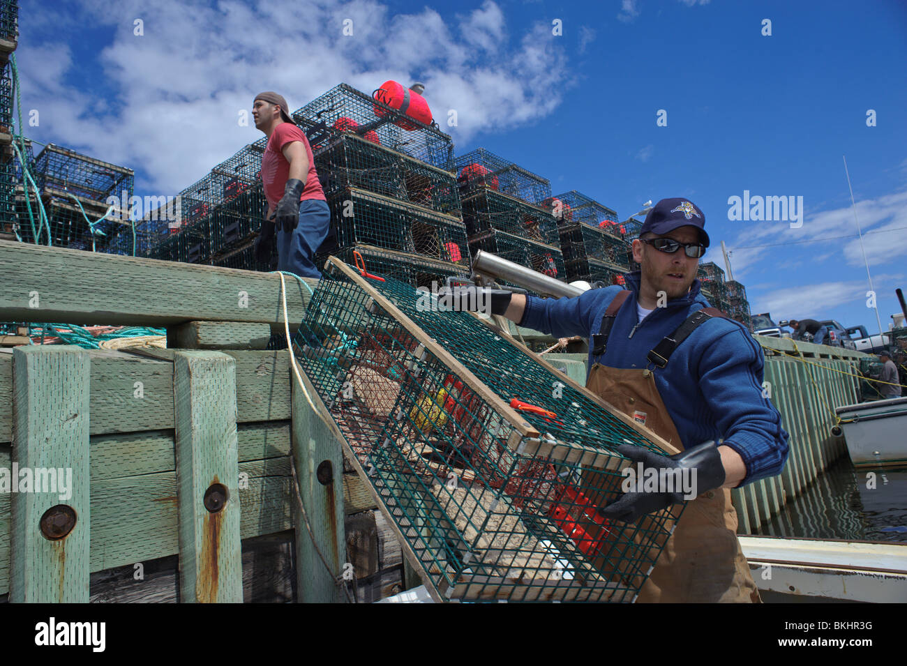 Fishermen loading lobster traps on lobster boat at Escuminac Wharf on ...