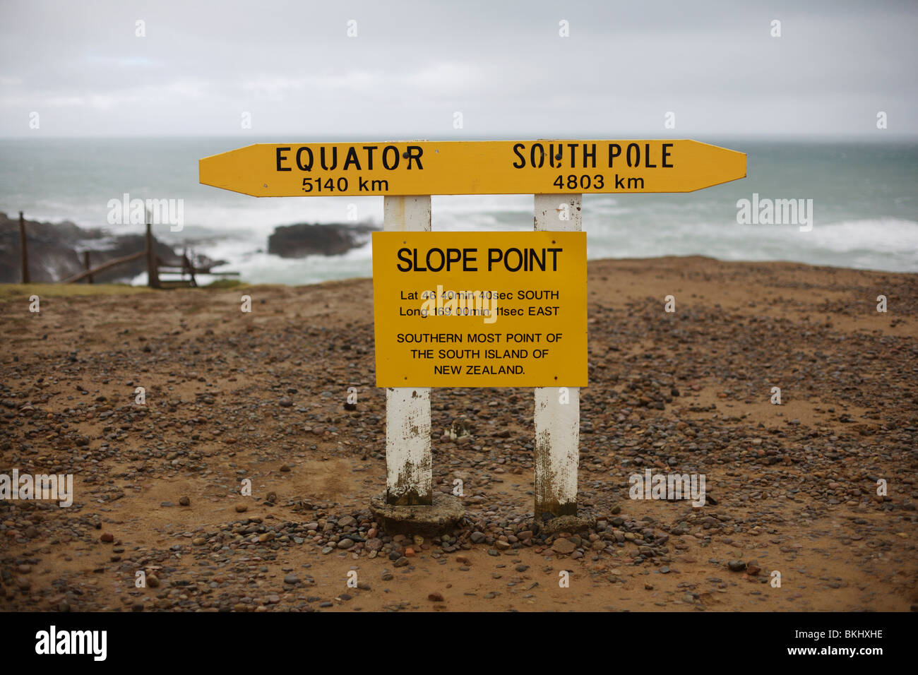 A signpost at Slope Point on The Catlins, the most southerly point of ...