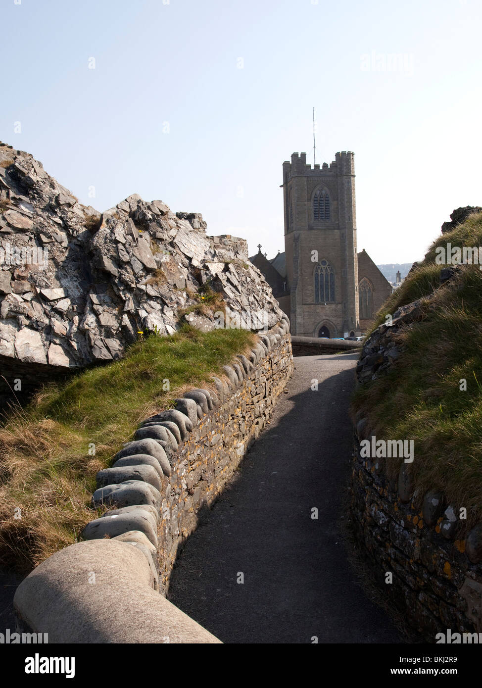 St Michael's church tower as viewed from the ruined welsh castle walls ...