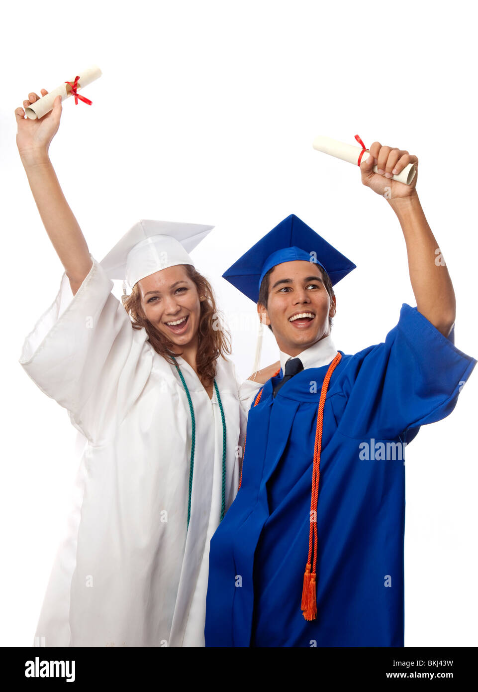 male and female college graduates in cap and gown with diploma Stock ...