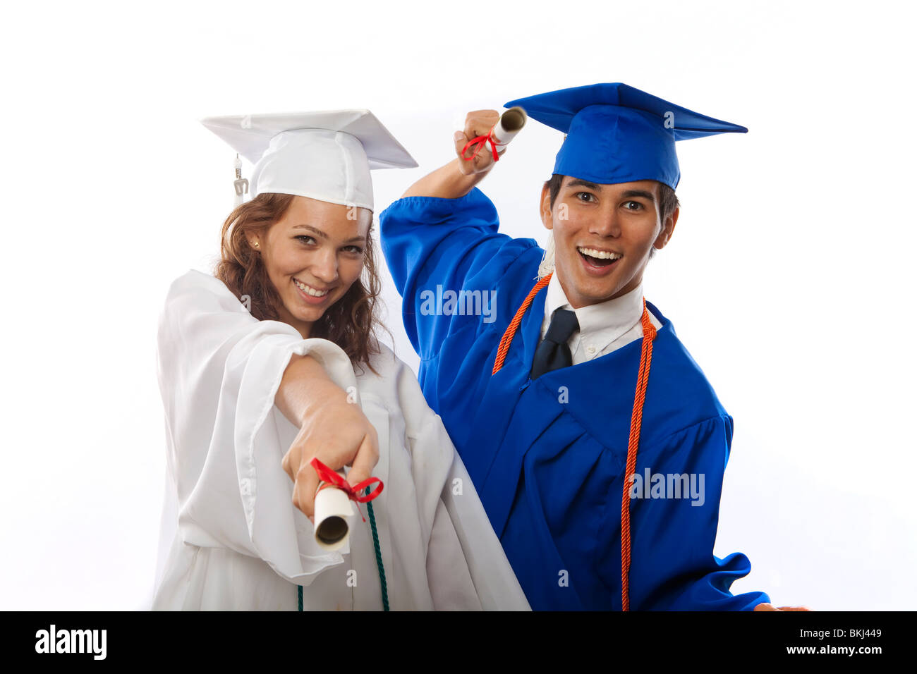 male and female college graduates in cap and gown with diploma Stock ...