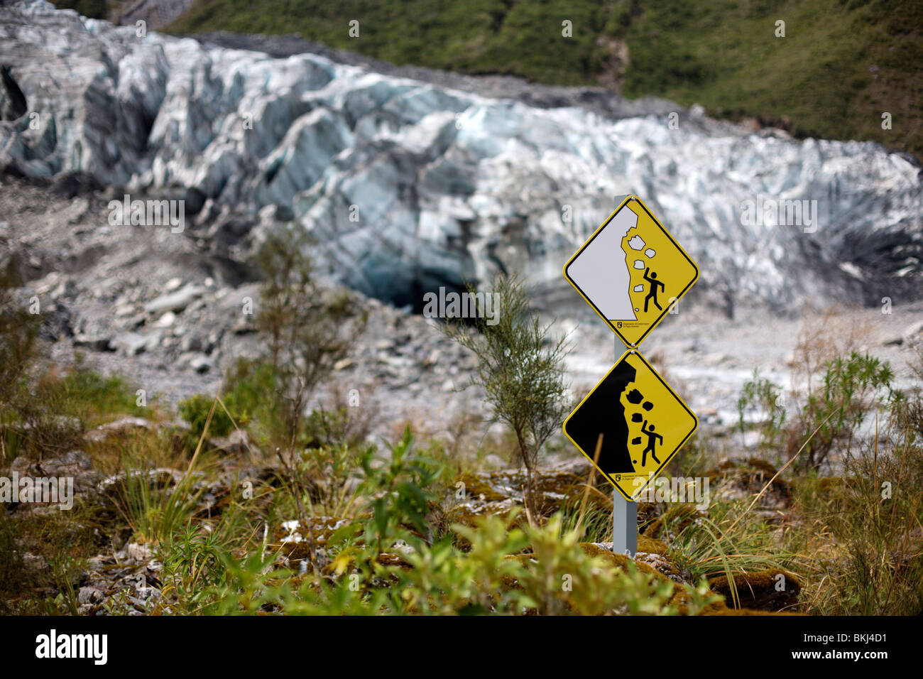 Warning signs near the terminal face of the Fox Glacier in Westland Tai ...