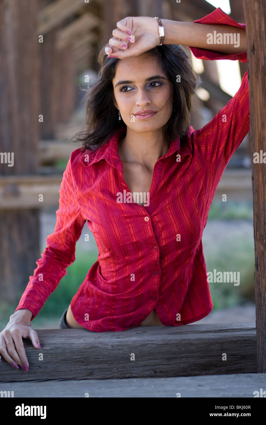 A beautiful young (Eastern) Indian woman leans on a wood beam and looks ...
