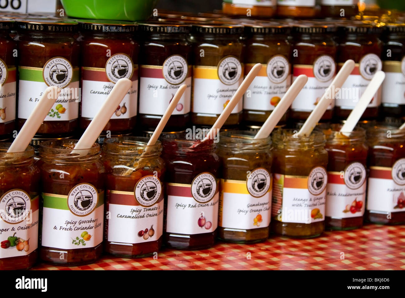 Selection of jams and marmalades for sale at Borough Market, London ...