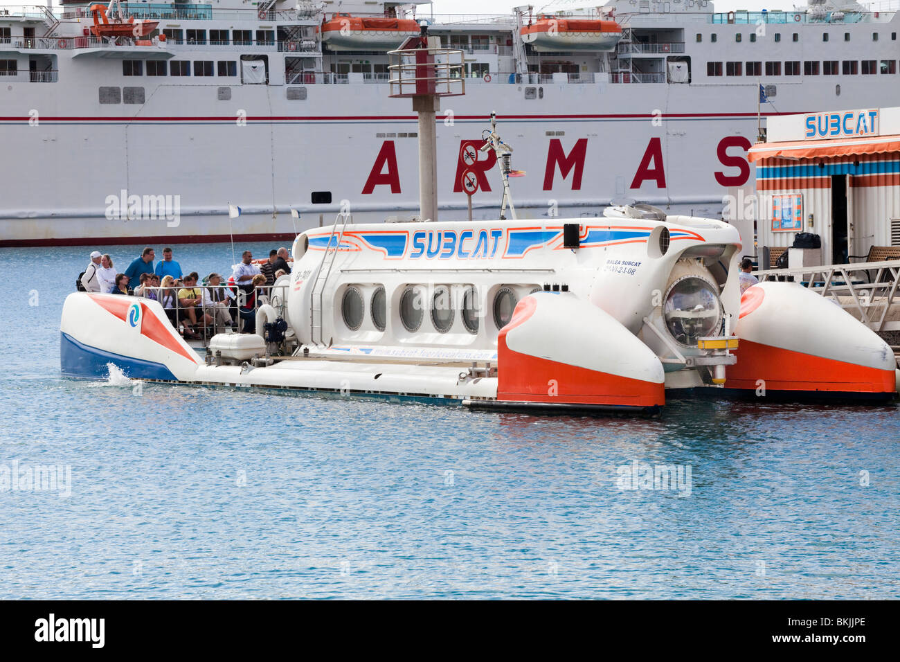 Subcat, a tourist submarine in the harbour at Morro del Jable, on the ...