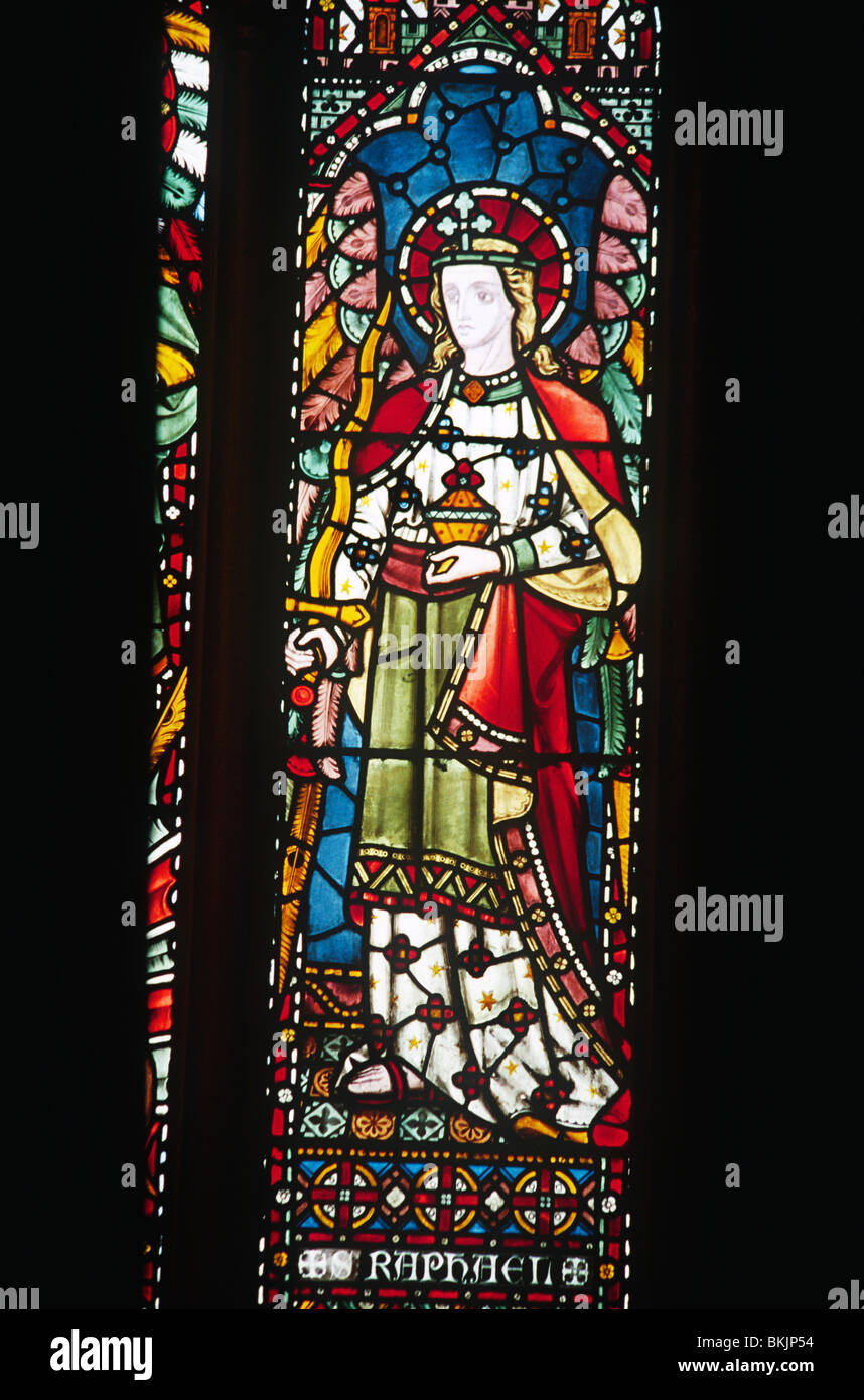 England, London, All Saints church, Stained glass window depicting ...