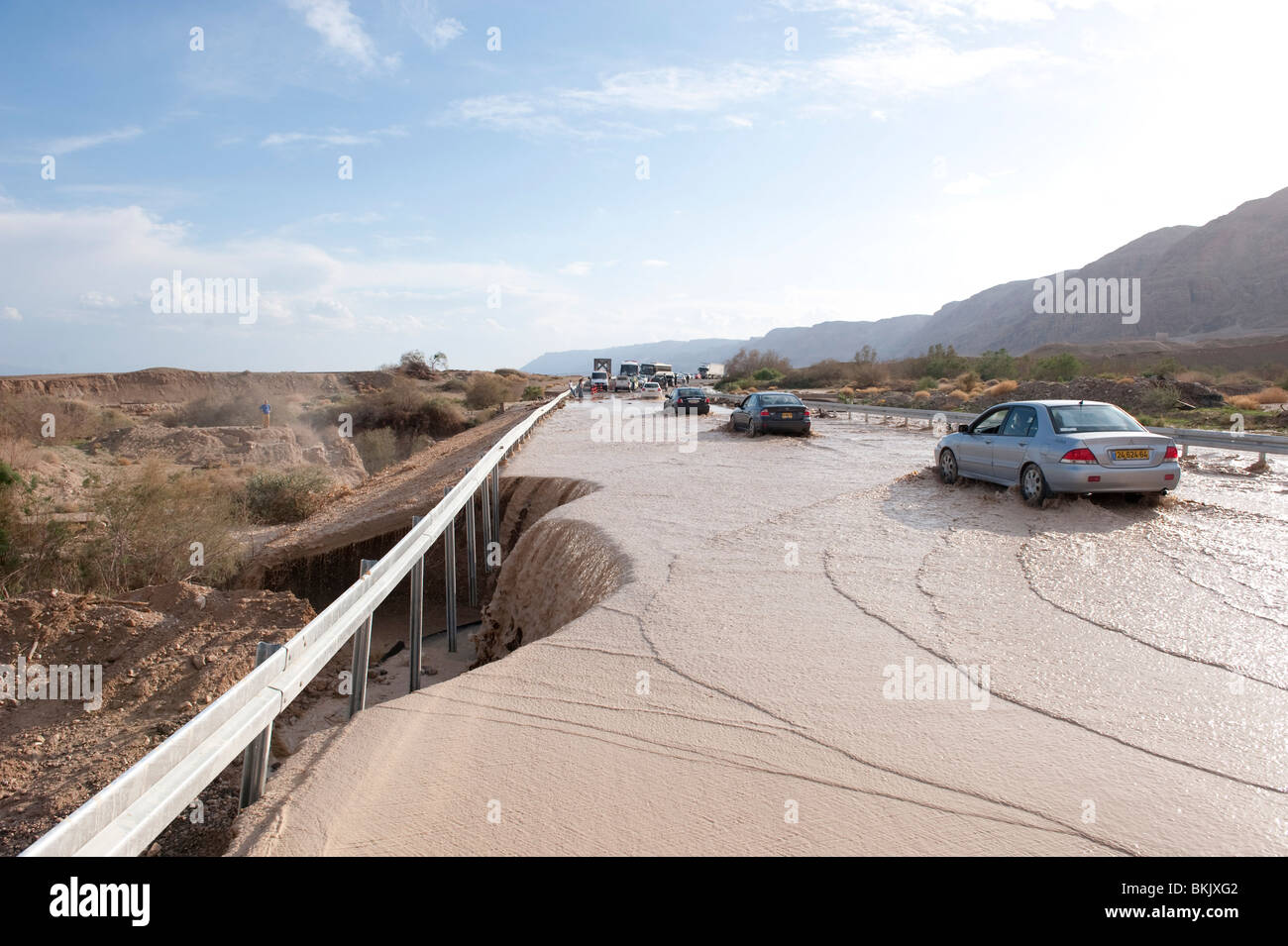 Israel, Dead Sea, A flash flood in the Kidron river washes away the ...