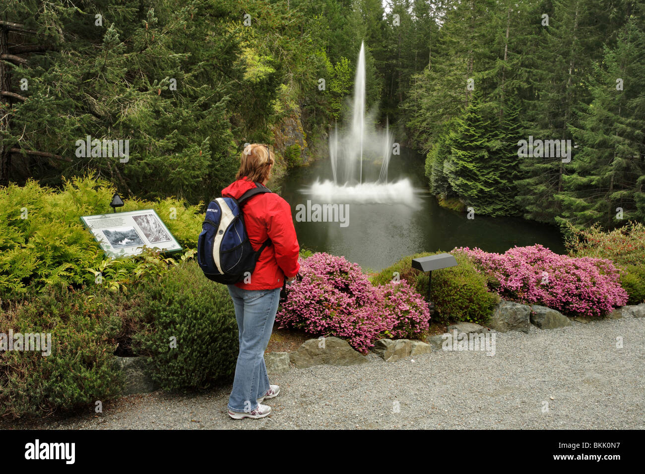 Female tourist viewing the Ross Fountain at Butchart Gardens in ...