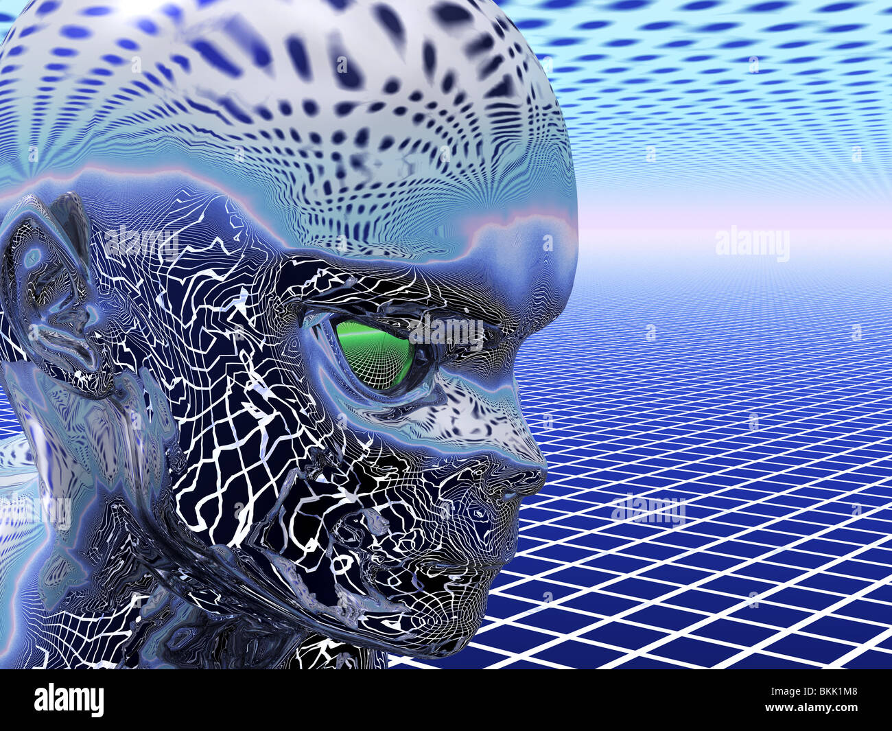 Alien reflective metallic shiny face against geometric plain with ...