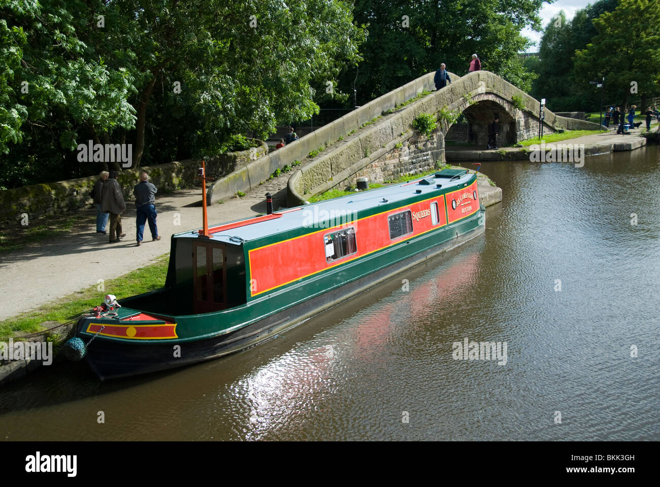Narrowboat and footbridge at Portland Basin, Ashton Canal, Ashton under ...