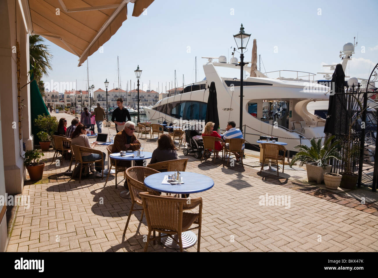 Café on marina at Queensway Quay, Gibraltar Stock Photo - Alamy