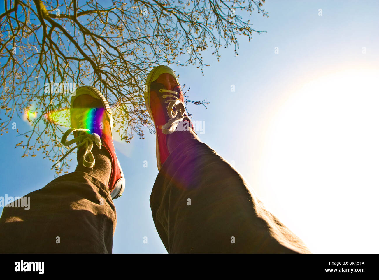 View of legs wearing red pumps falling from a tree with bright sun and ...