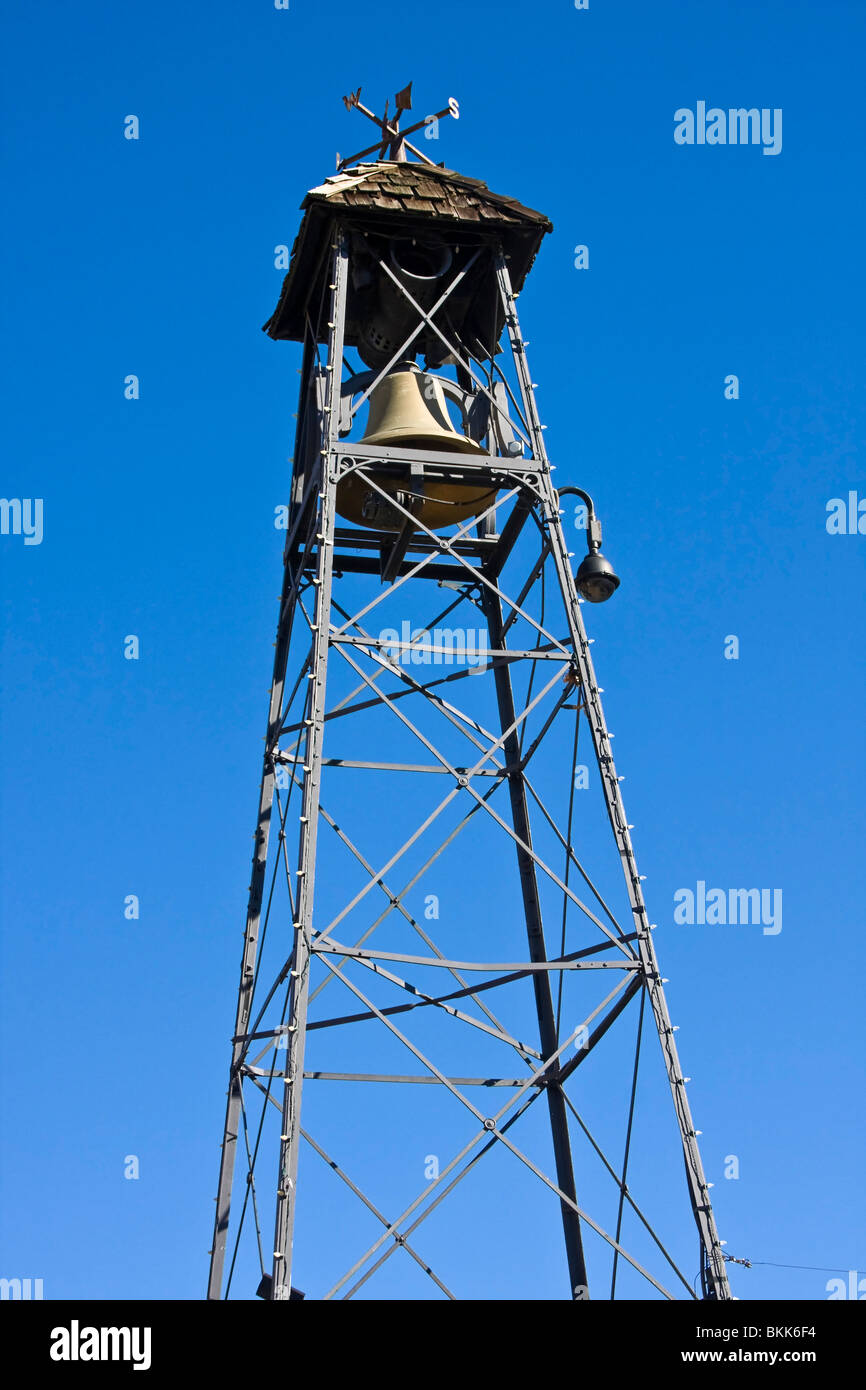 Historic old bell tower stands in front of Masonic Temple lodge along ...