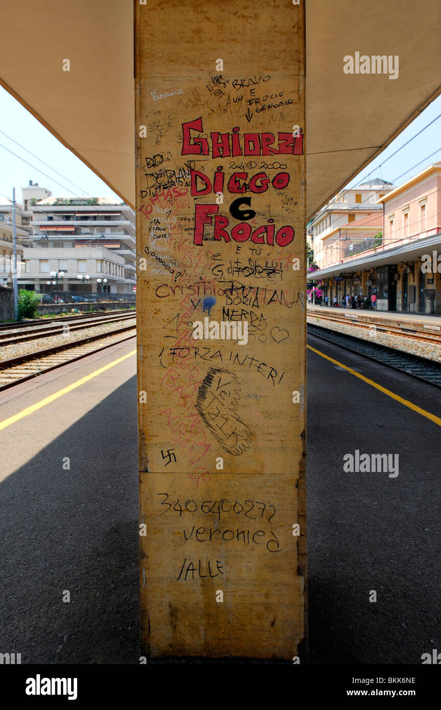 Graffiti on pillar at train station in Chiavari, Liguria, Italy Stock ...