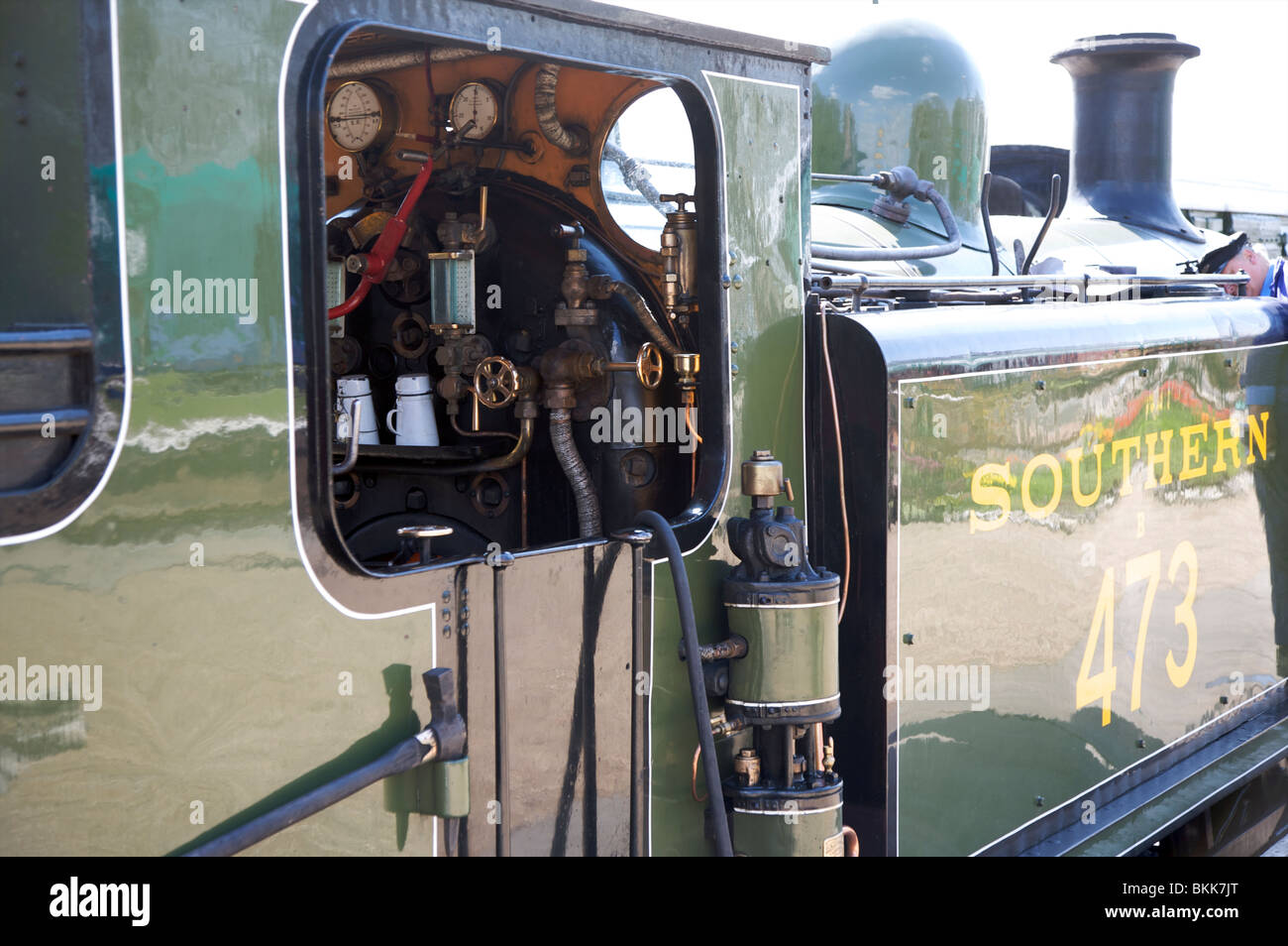 The footplate of a steam locomotive southern 473 showing gauges and ...