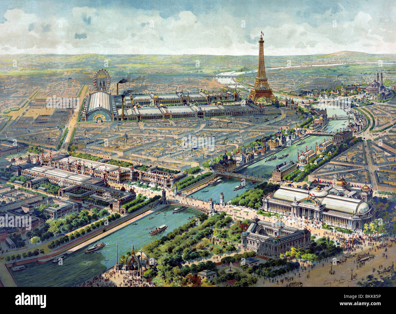 Contemporary lithograph colour print showing an aerial view of the ...
