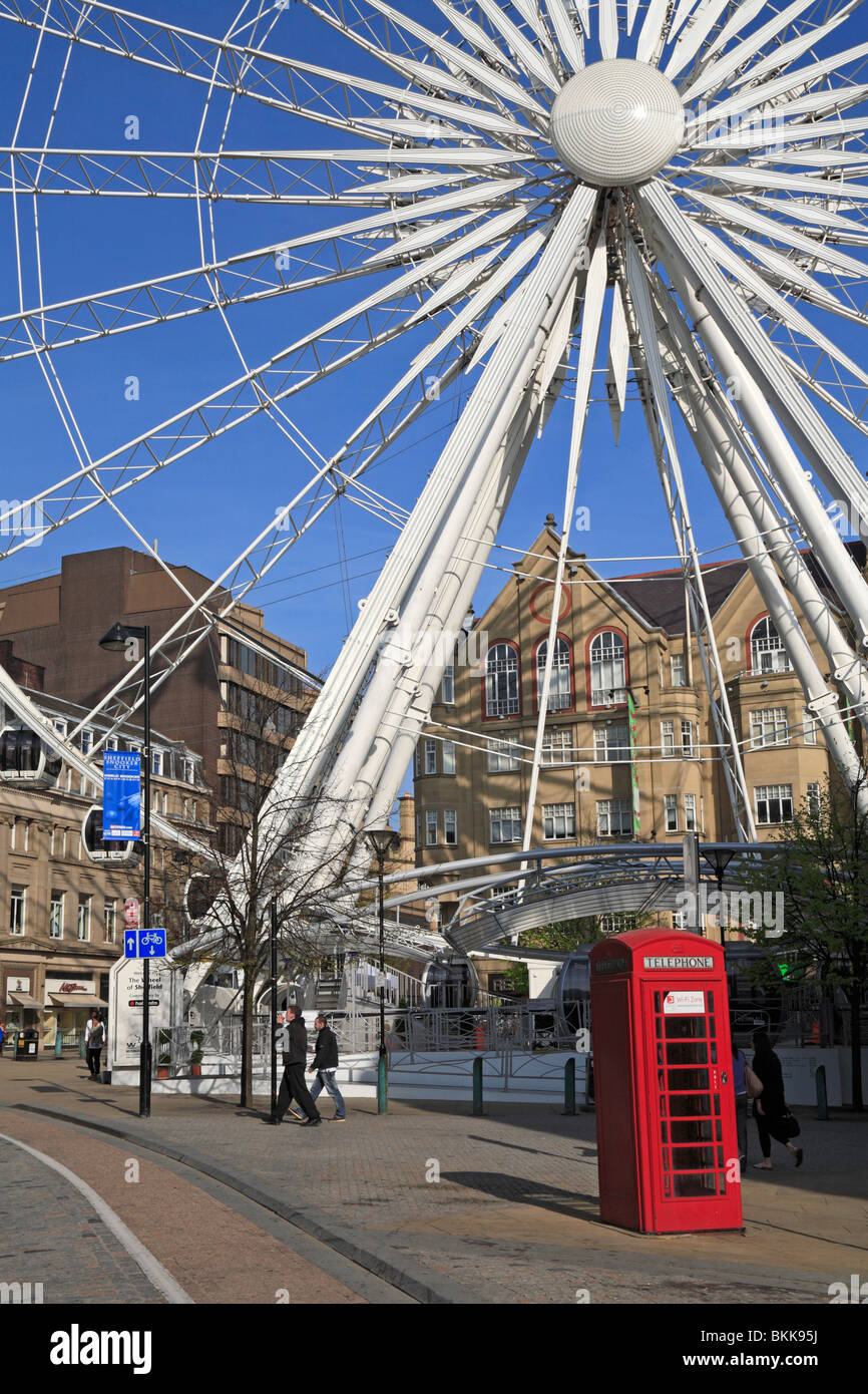 Detail of the Wheel of Sheffield with a red phone box in the foreground ...