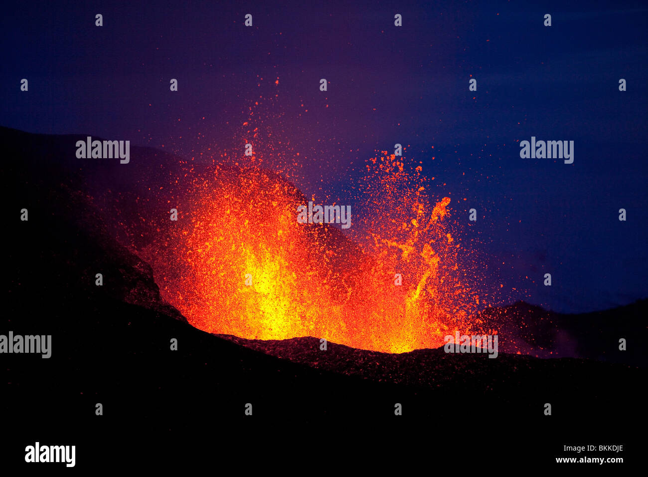 Fountain shooting big pieces of lava in the air during start of Iceland ...