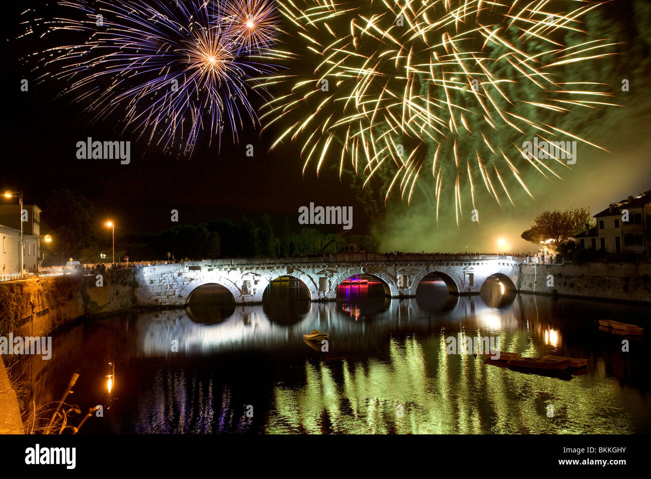 Tiberius bridge at night with fireworks Stock Photo - Alamy